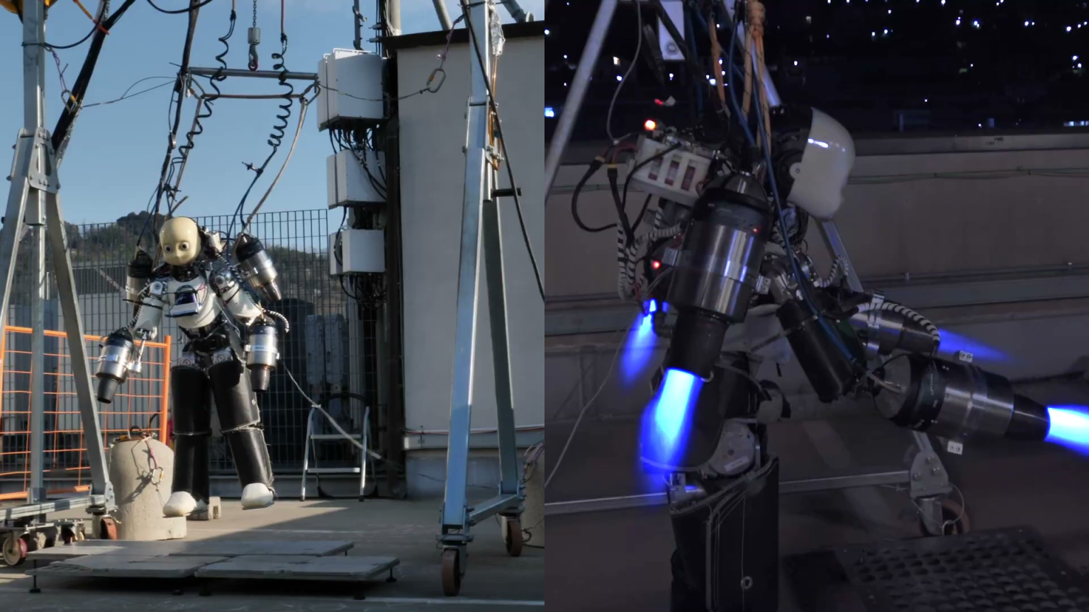 Zien: vliegende humanoïde robot met jetpack gaat de lucht in tijdens ...